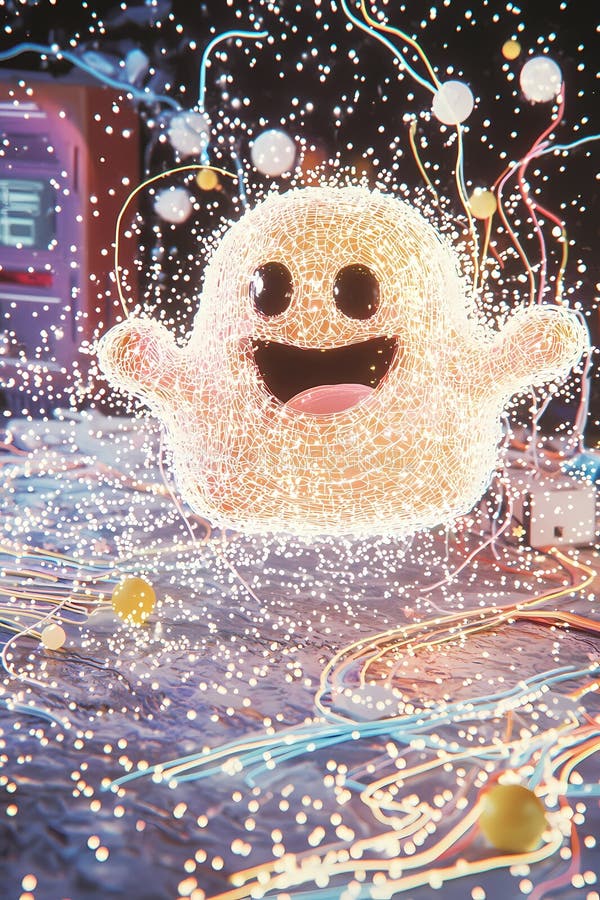 Glowing Wireframe Ghost Character in Digital Space Abstract Background ...