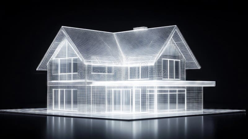 Glowing Wireframe House Model Standing on Reflective Surface Stock ...