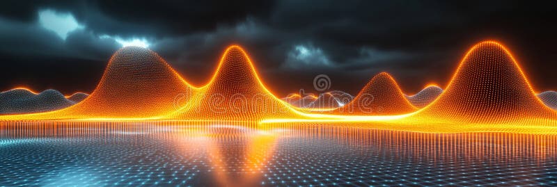 Glowing Wireframe Landscape, Orange Peaks Over Hexagonal Grid, Abstract ...