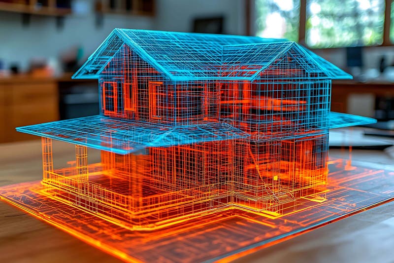 Glowing Wireframe Model of a House, Showcasing Architectural Design ...