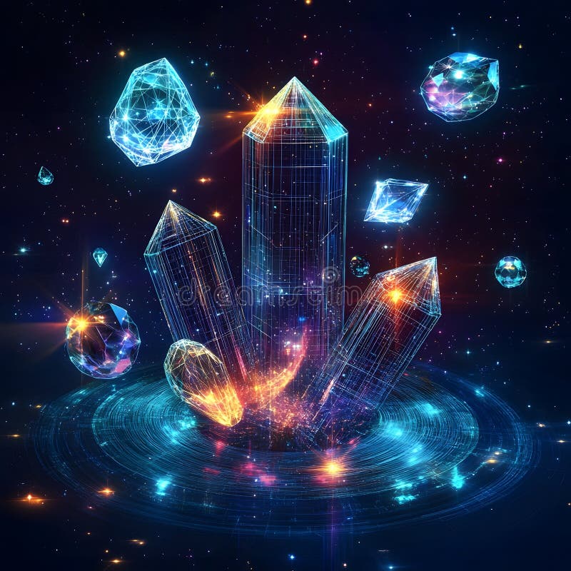 Glowing Wireframe Prism with Floating 3D Gems in Holographic Cosmic ...