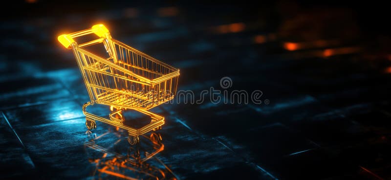 Glowing Wireframe Shopping Cart on Reflective Surface, Modern Digital ...