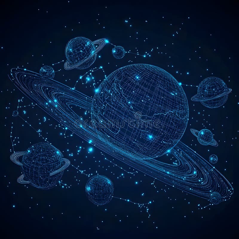 Glowing Wireframe Starscape with Perfectly Aligned Planetary Orbits ...