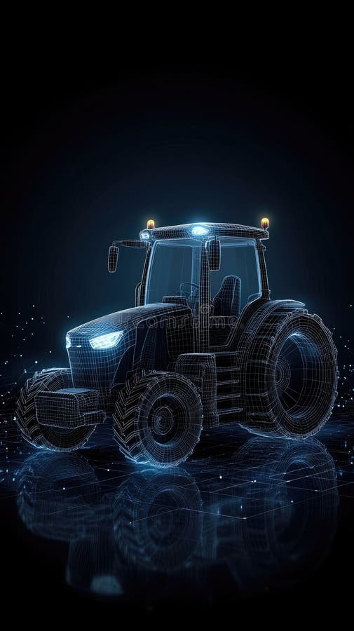 A Glowing Wireframe Tractor Reveals Intricate Electronics Against a ...