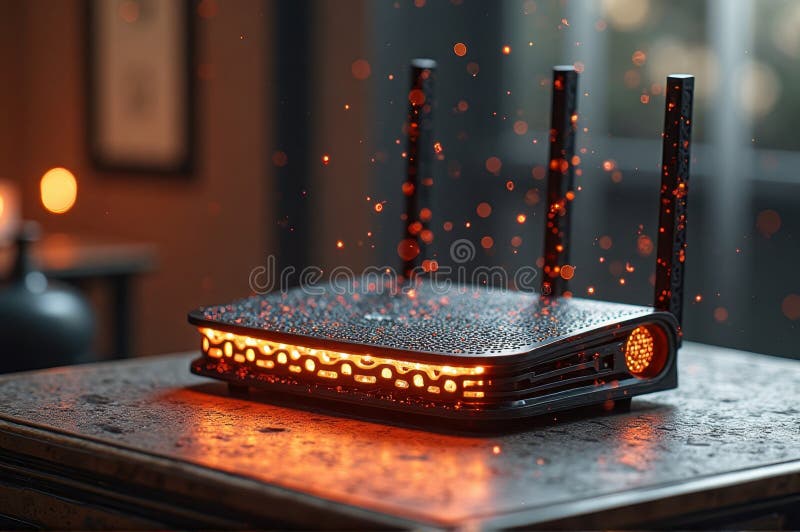 Glowing Wireless Router with Four Antennas on Rustic Table in Dimly Lit ...