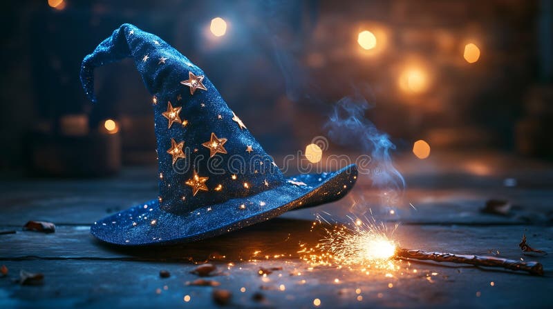 A Glowing Wizard Hat with Star Decorations and a Magic Wand Emitting ...