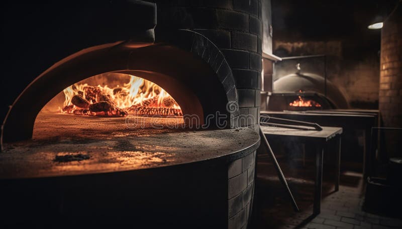 Glowing Wood Burning Stove Baking Bread in Brick Oven Indoors Generated ...