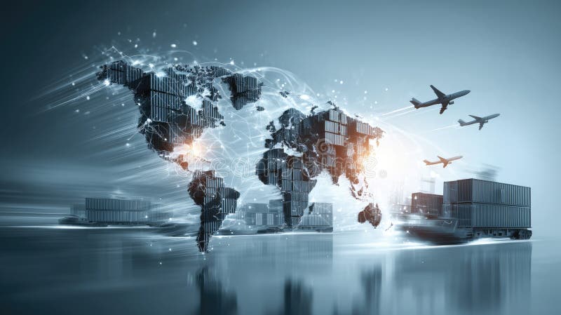 Glowing World Map with Cargo and Airplanes Stock Illustration ...