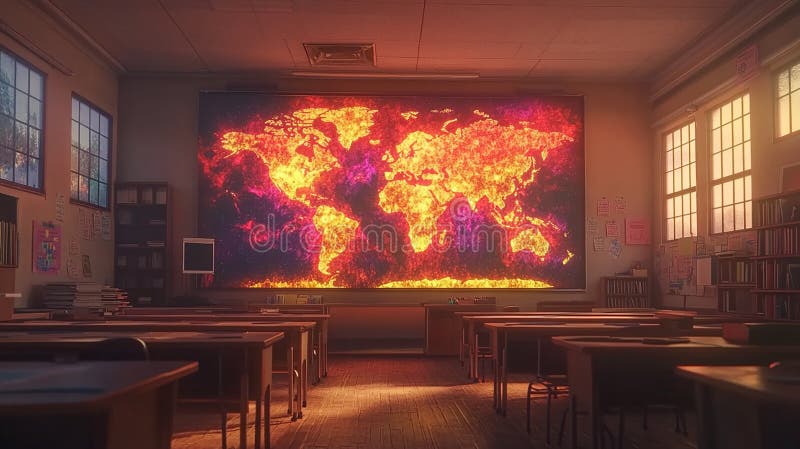 A Glowing World Map on a Classroom Wall Surrounded by Vibrant Elements ...