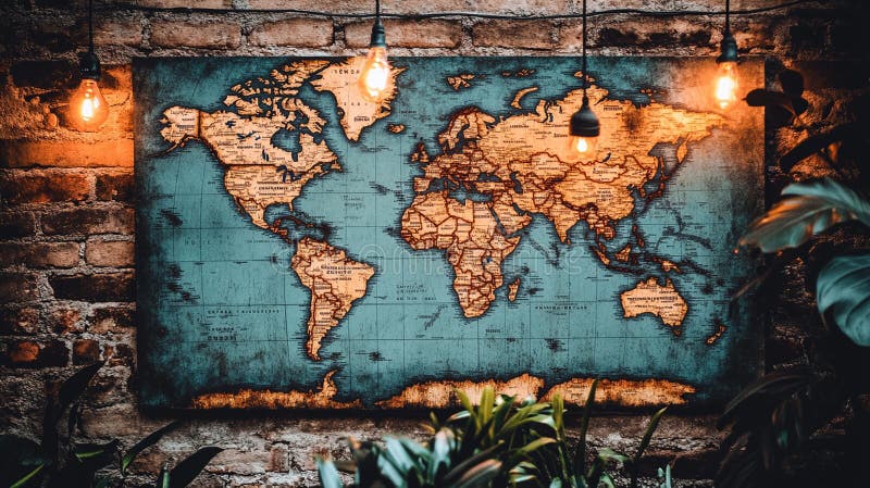 A Glowing World Map on a Classroom Wall Surrounded by Vibrant Elements ...