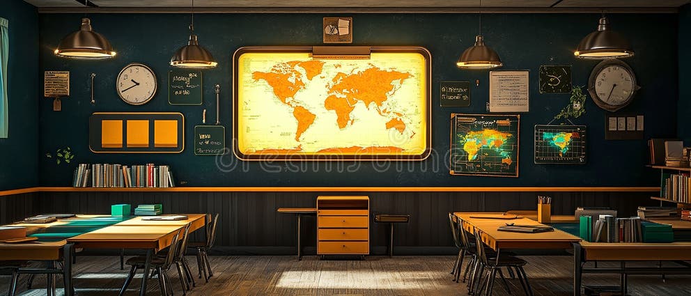 A Glowing World Map on a Classroom Wall Surrounded by Vibrant Elements ...