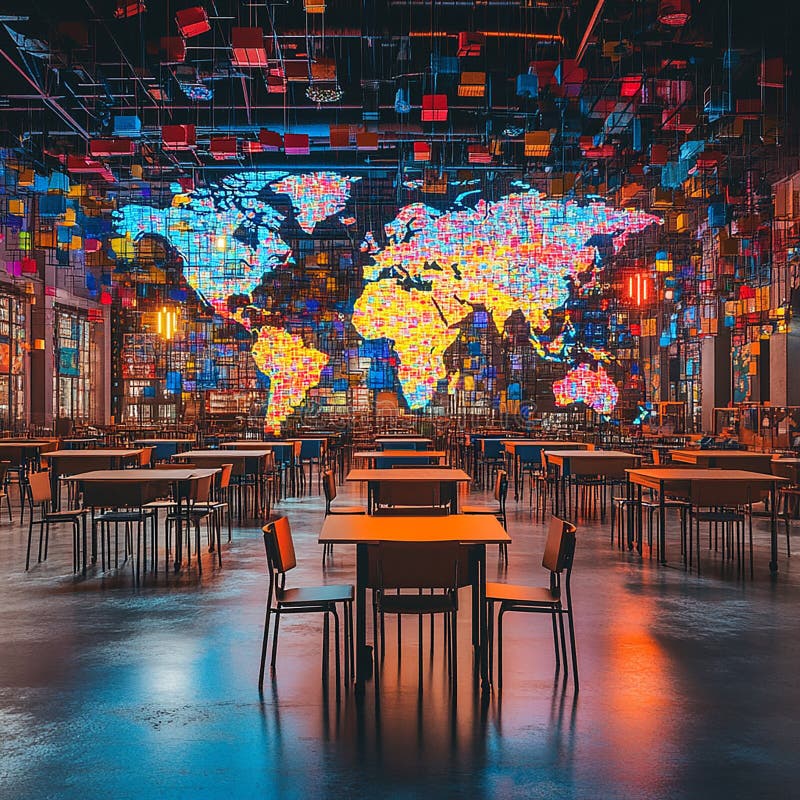 A Glowing World Map on a Classroom Wall Surrounded by Vibrant Elements ...
