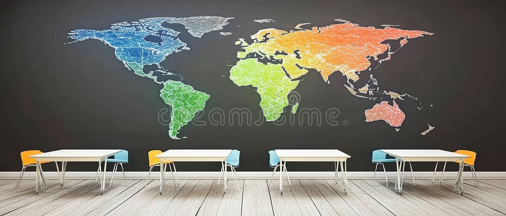 A Glowing World Map on a Classroom Wall Surrounded by Vibrant Elements ...