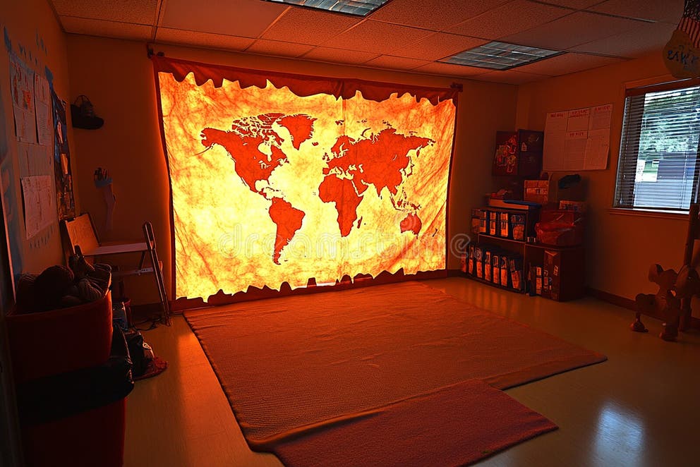 A Glowing World Map on a Classroom Wall Surrounded by Vibrant Elements ...