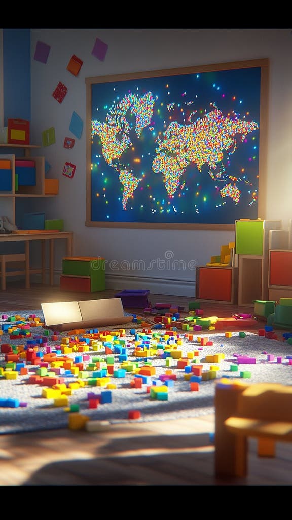 A Glowing World Map on a Classroom Wall Surrounded by Vibrant Elements ...