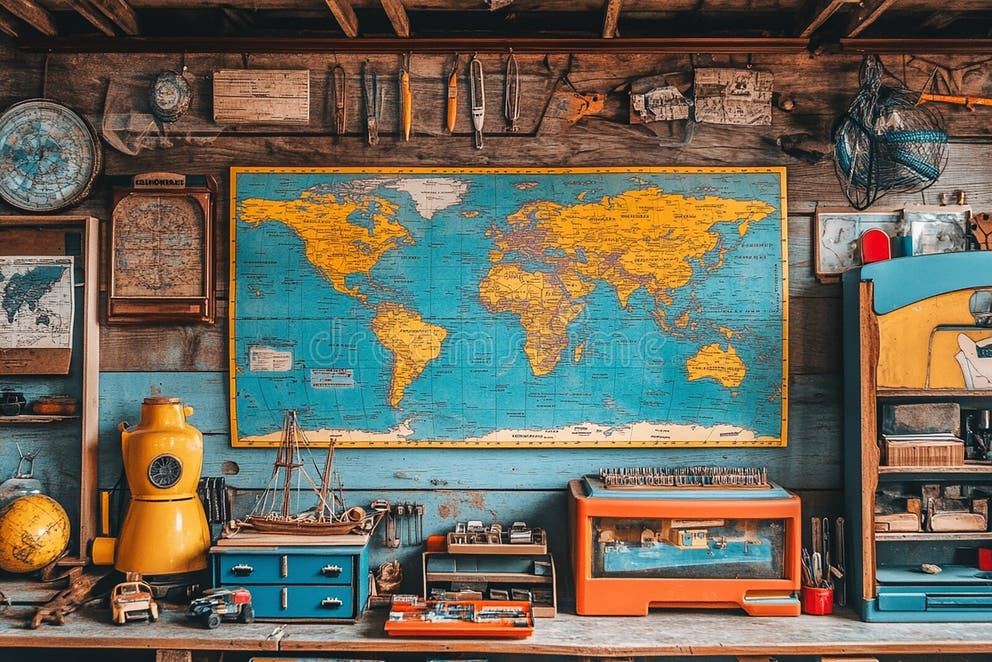 A Glowing World Map on a Classroom Wall Surrounded by Vibrant Elements ...