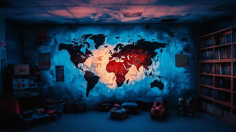 A Glowing World Map on a Classroom Wall with Vibrant Colors Stock ...