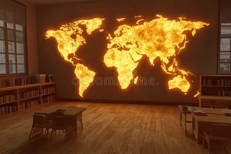 A Glowing World Map on a Classroom Wall with Vibrant Colors Stock ...