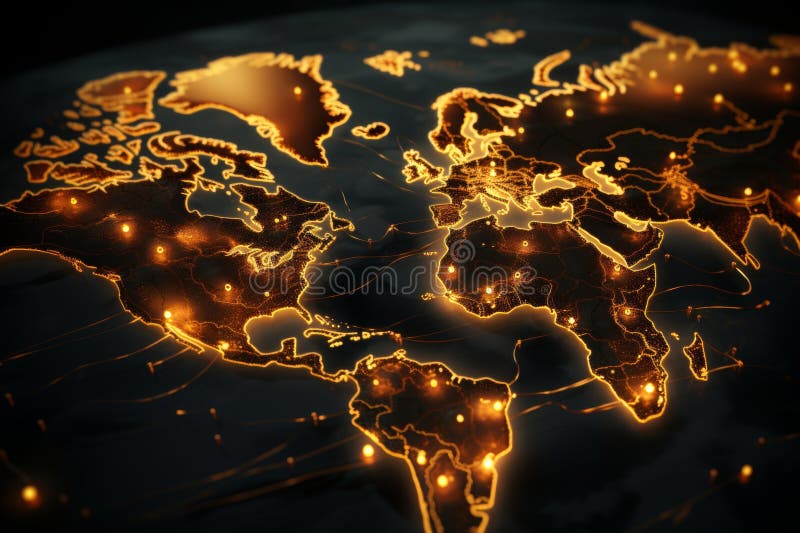 Glowing World Map of Connections between Countries and Continents Stock ...