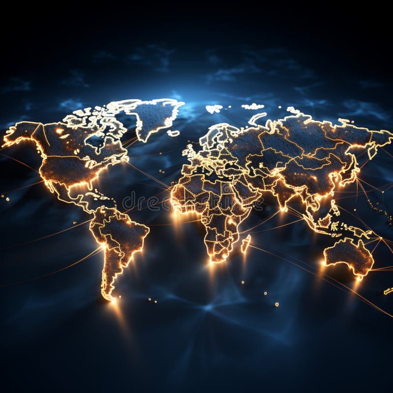 Glowing World Map on a Dark Backdrop Stock Illustration - Illustration ...