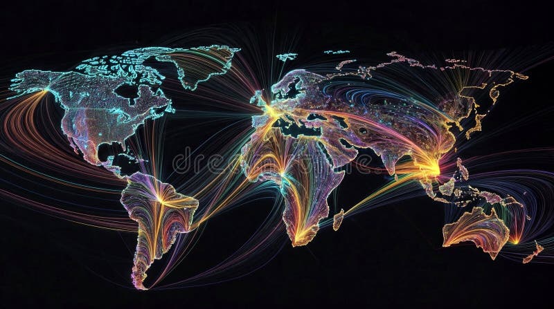 A Glowing World Map Formed by Interconnected Networks of Bright Lines ...
