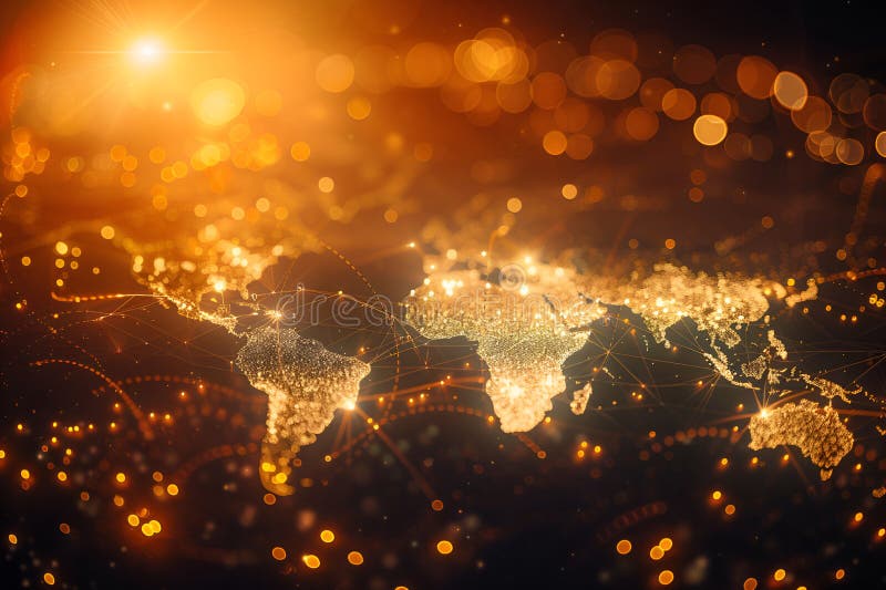 Glowing World Map with Golden Bokeh Background and Digital Connections ...