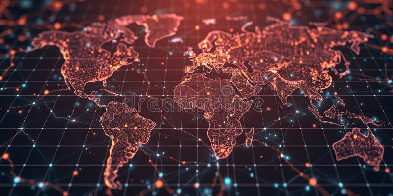 Glowing World Map on a Grid with Orange Continents and Blue Connections ...