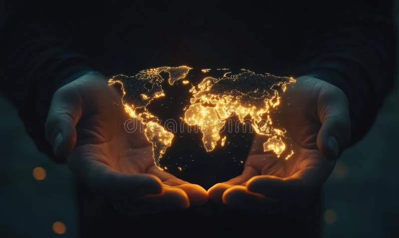 Glowing World Map Held in Hands Symbolizing Global Connection and Unity ...