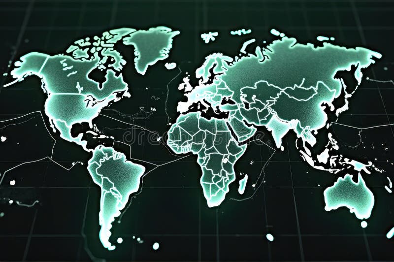 Glowing World Map with Highlighted Borders on Dark Grid Background ...