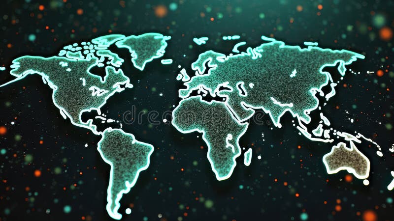 Glowing World Map Hologram with Neon Lights on Dark Abstract Background ...