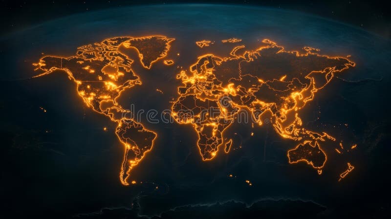 Glowing World Map Illuminated by Light Points in Space Stock ...