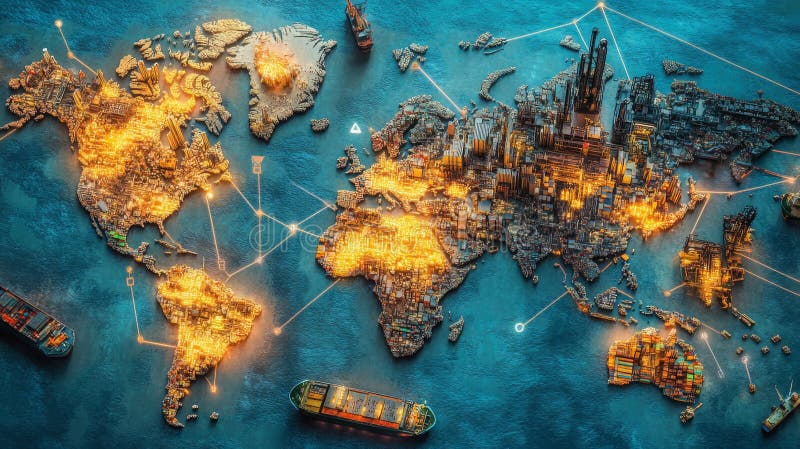 Glowing World Map with Interconnected Trade Routes and Networks Stock ...