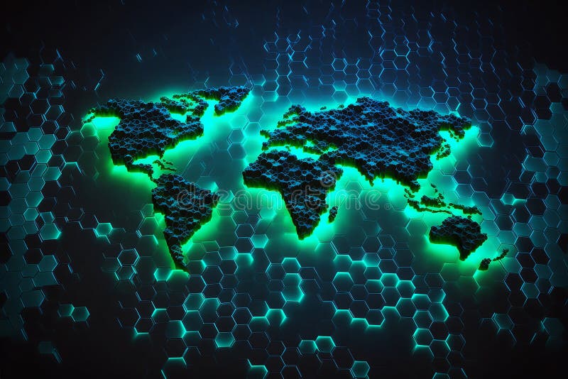 Glowing World Map Made of Hexagonal Shapes Stock Illustration ...