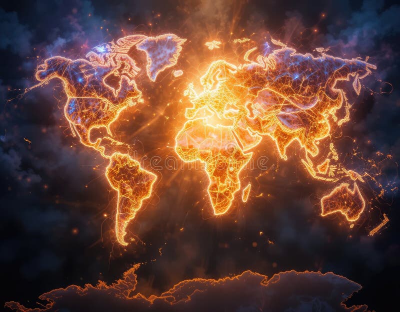 Glowing World Map with Network Connections and Dark Cloudy Background ...