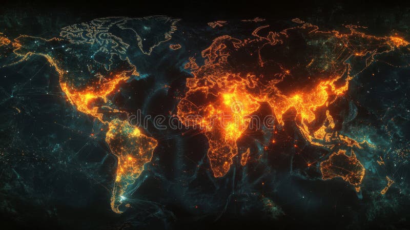 Glowing World Map Network Digital Connections Stock Illustration ...