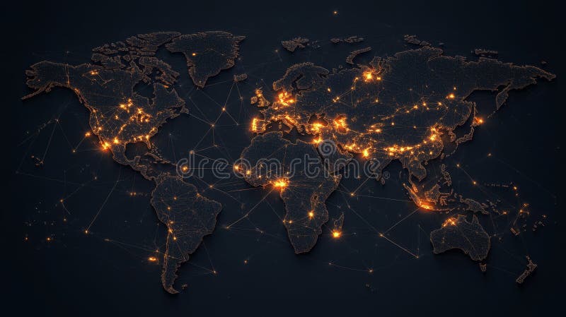 Glowing World Map at Night with City Lights Stock Illustration ...
