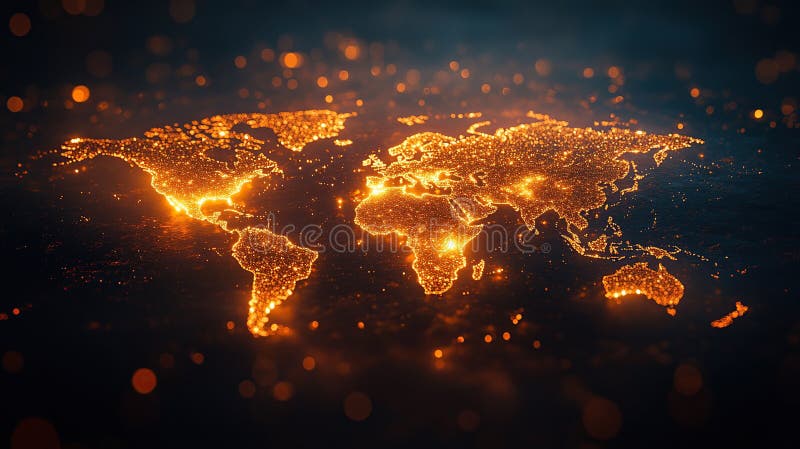 Glowing World Map at Night, Showing City Lights and Global Connection ...