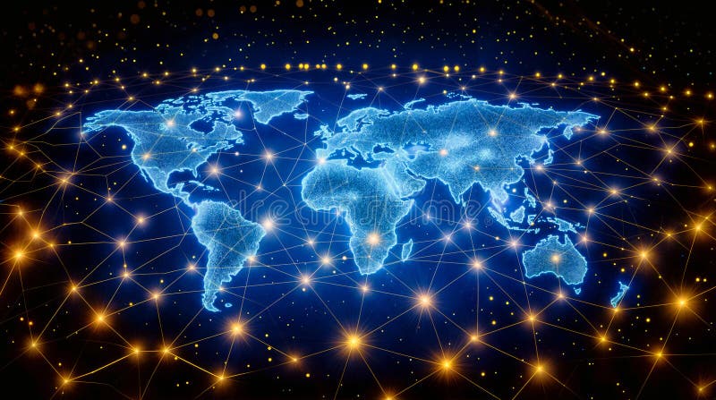 A Glowing World Map Overlaid with Network Lines, Illustration of a ...