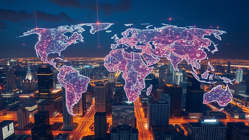 A Glowing World Map Overlays a City at Night Stock Illustration ...