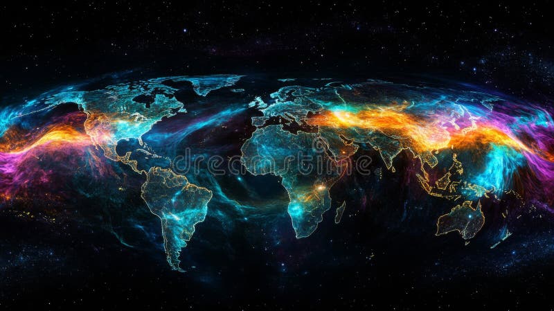 Glowing World Map in Space with Colorful Lights Stock Illustration ...