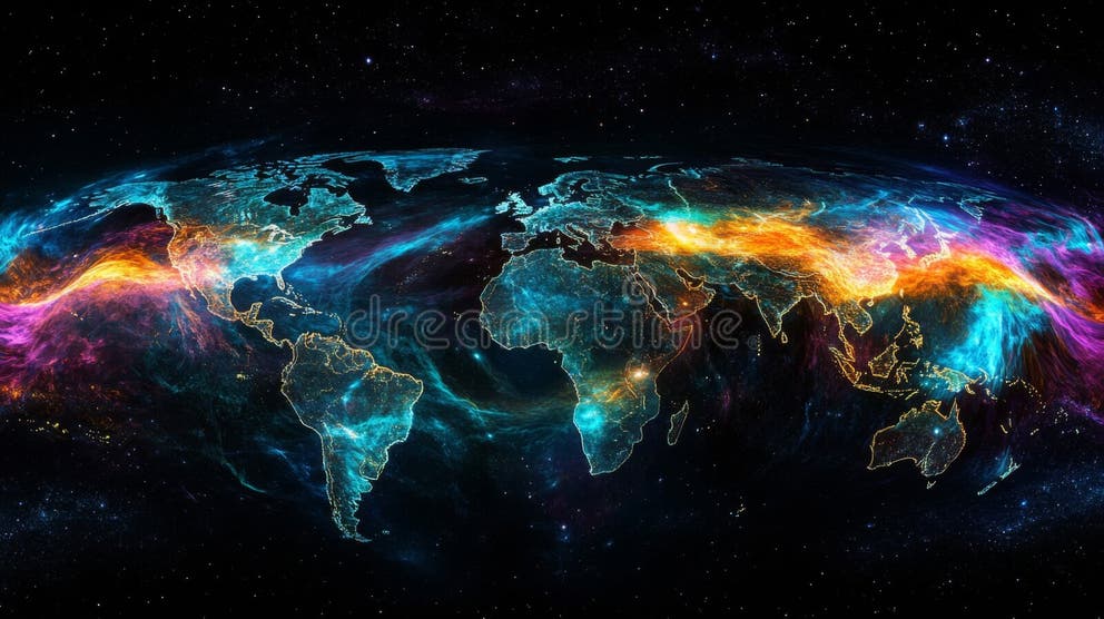 Glowing World Map in Space with Colorful Lights Stock Illustration ...