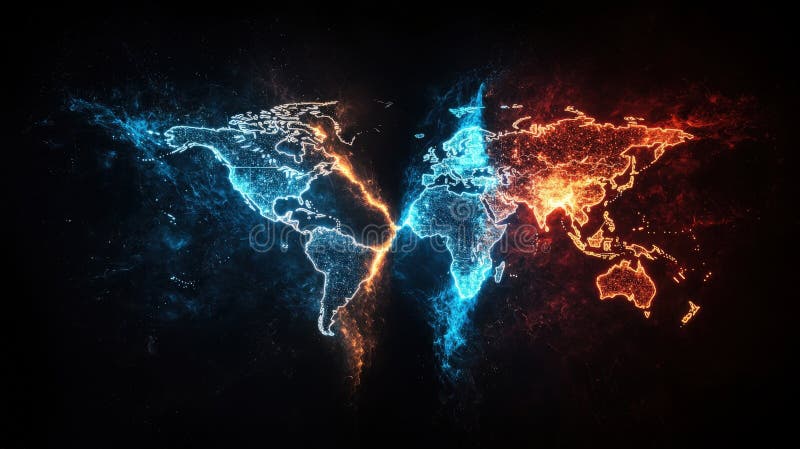 Glowing World Map Split in Half Digital Art Futuristic Environment ...