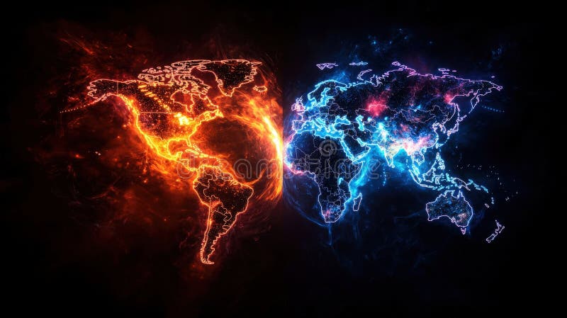 Glowing World Map Split in Two Halves Digital Art Nighttime Sci-fi ...