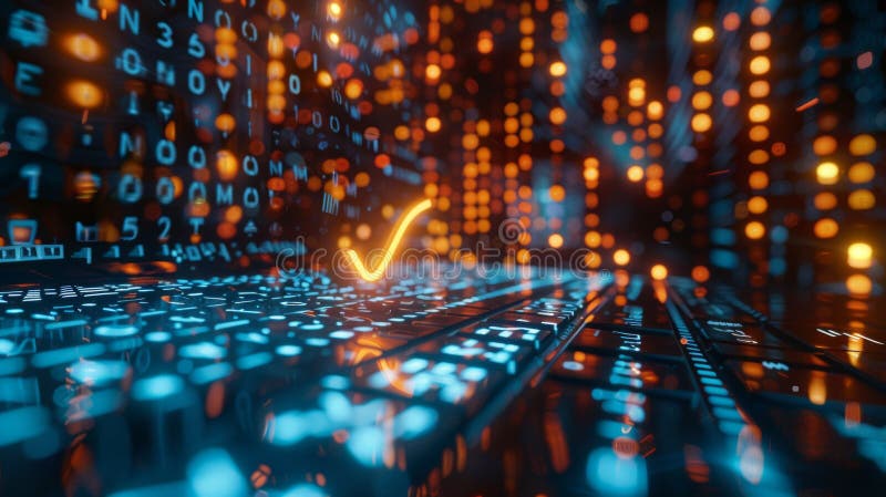 A Glowing Yellow Check Mark on a Keyboard in Front of an Illuminated ...