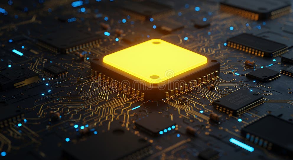 Glowing Yellow CPU Chip on a Circuit Board High Tech Computing Power ...
