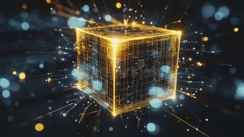 Glowing Yellow Cube Surrounded by Sparks and Light Particles Creates ...