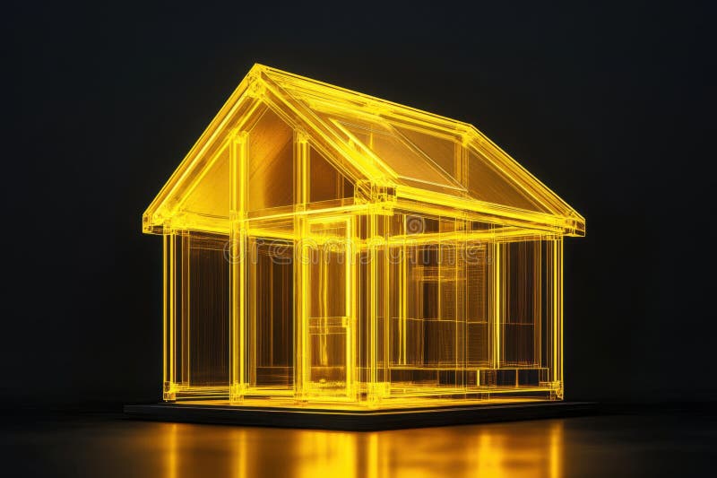Glowing Yellow House Model on Dark Surface. Wireframe of a Simple House ...