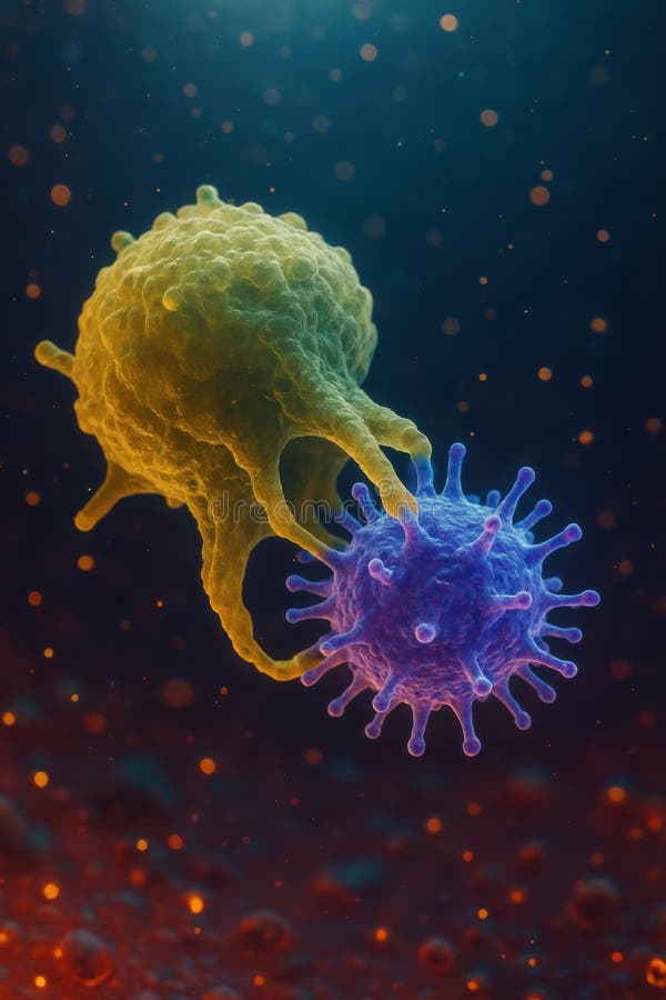 Glowing Yellow Immune Cell Attacking Purple Virus in Dark ...