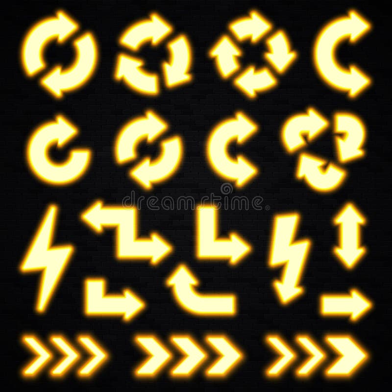 Glowing Yellow Neon Arrows Set on Black Background Stock Vector ...