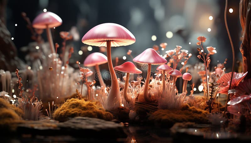 Glowing Yellow Toadstool Grows on Wet Branch in Autumn Forest Generated ...